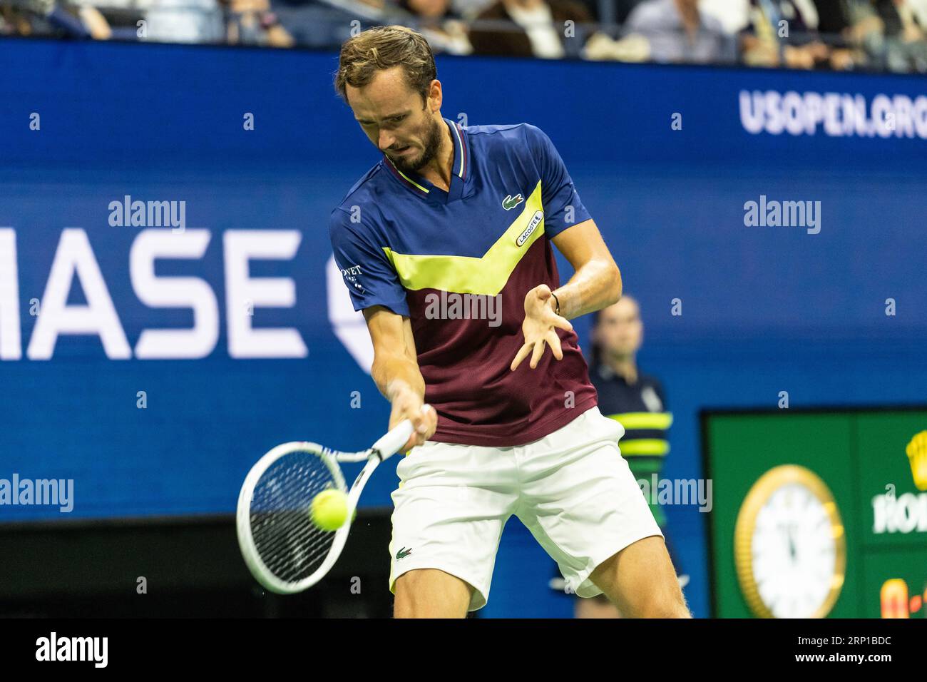 Daniil Medvedev returns ball during 3rd round against Sebastian Baez of Argentina at the US Open ...