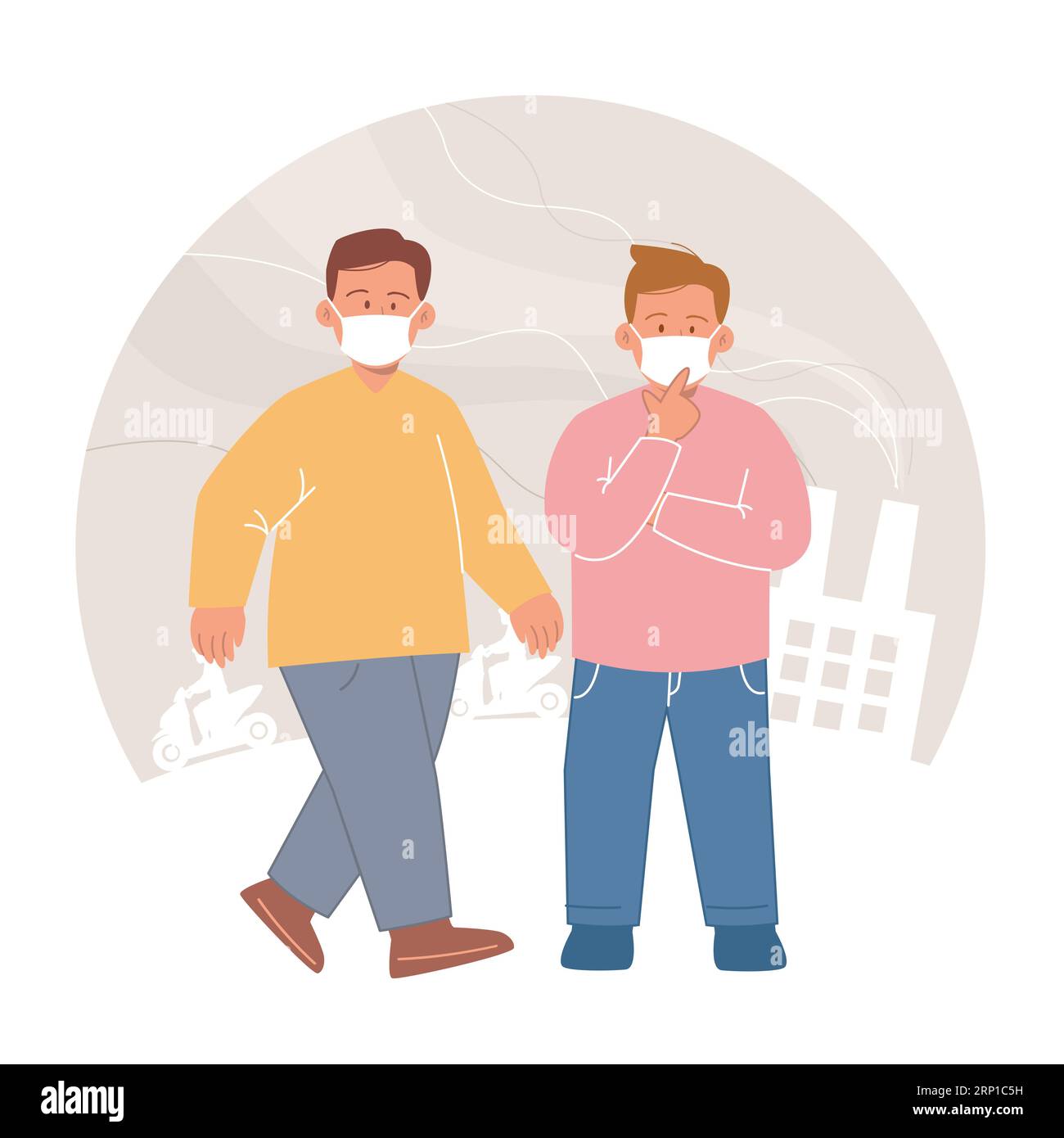 pollution breath city air smoke man people wear mask line soft tone ...