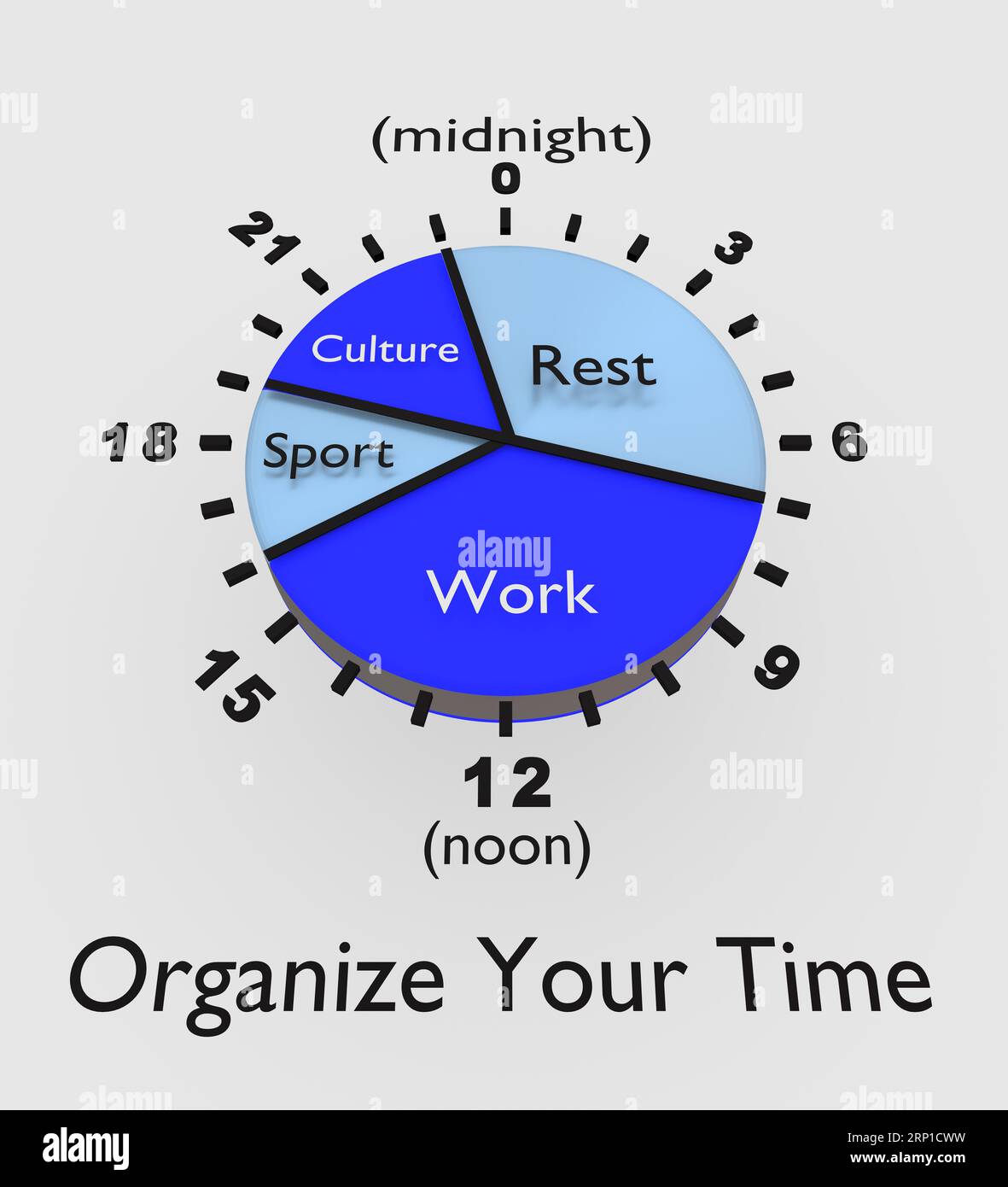 3D illustration of a 24 hours divided into 4 proposed activities ...