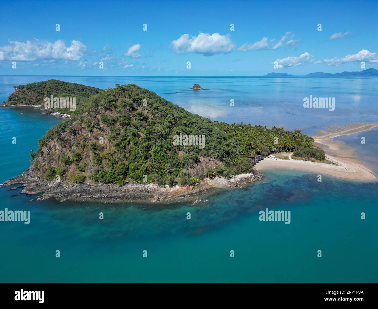 Aerial view of Double Island, palm Cove in Queensland with crystal ...