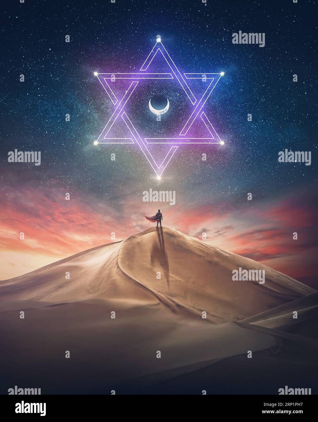 Mystical person in the desert, wears a hero cape, watching the night ...