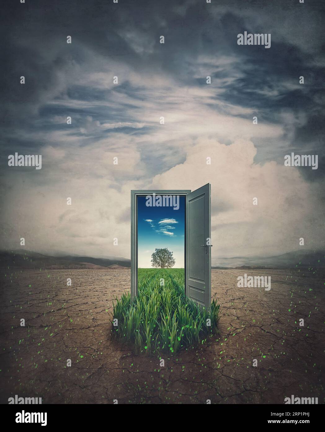 A door in the middle of a dry land leading to a green field ...