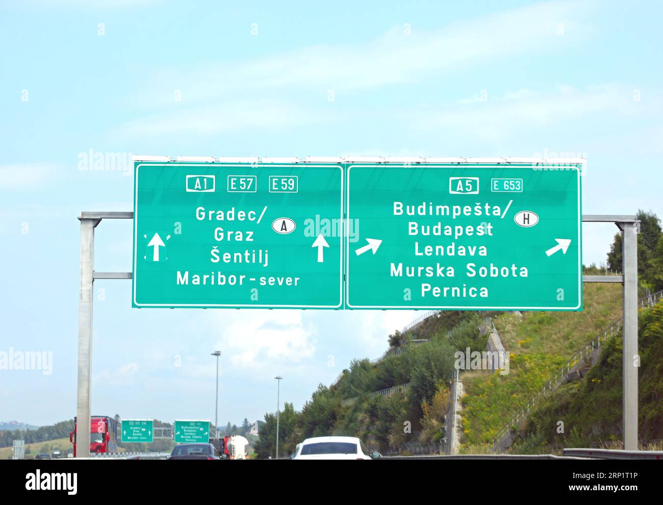 wide road sign with directions to the border of Austria and Hungary in ...