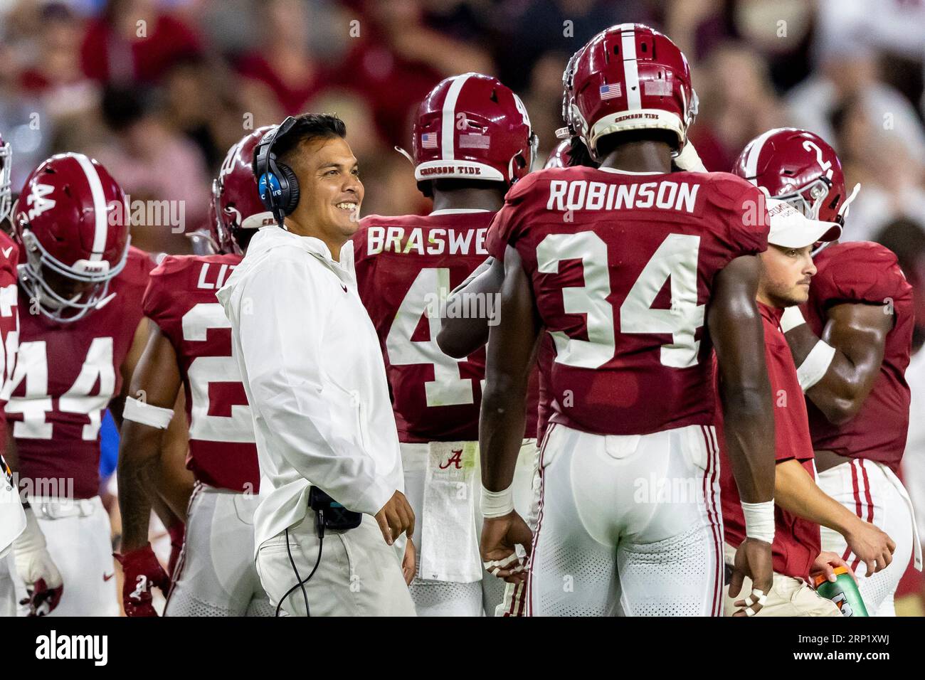 Alabama inside linebackers coach Robert Bala talks with Alabama ...