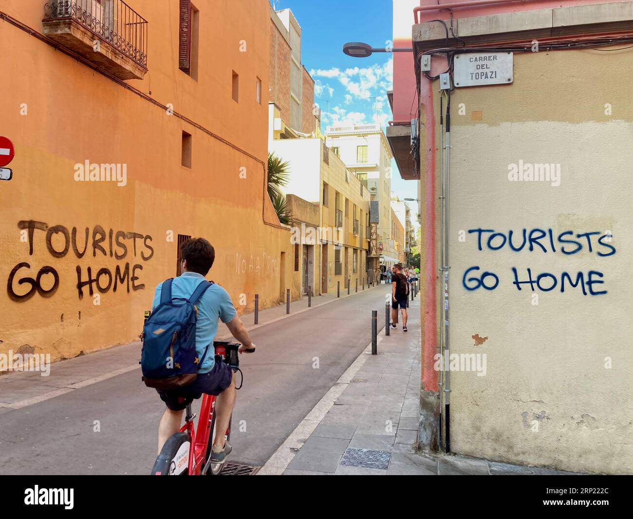Barcelona, Spain. 14th Aug, 2023. The words "Tourists Go Home" spray ...