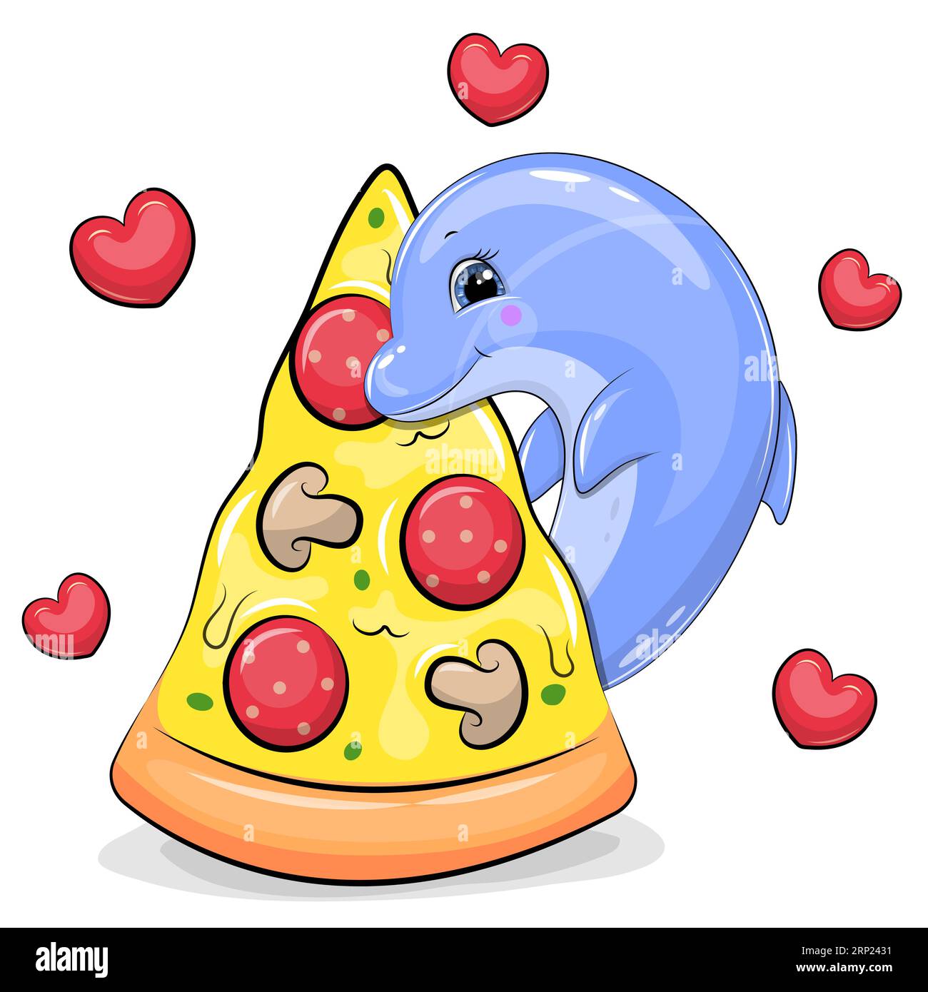 Cute cartoon dolphin with a big piece of pizza. Vector illustration of ...