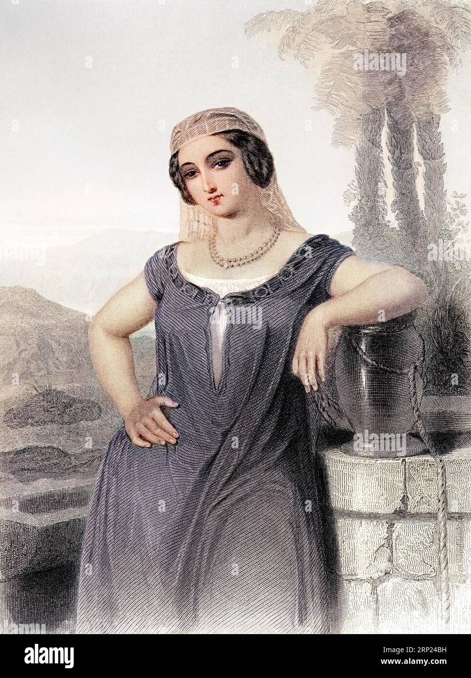 Rebecca at the well. Old 19th century engraved colored illustration ...