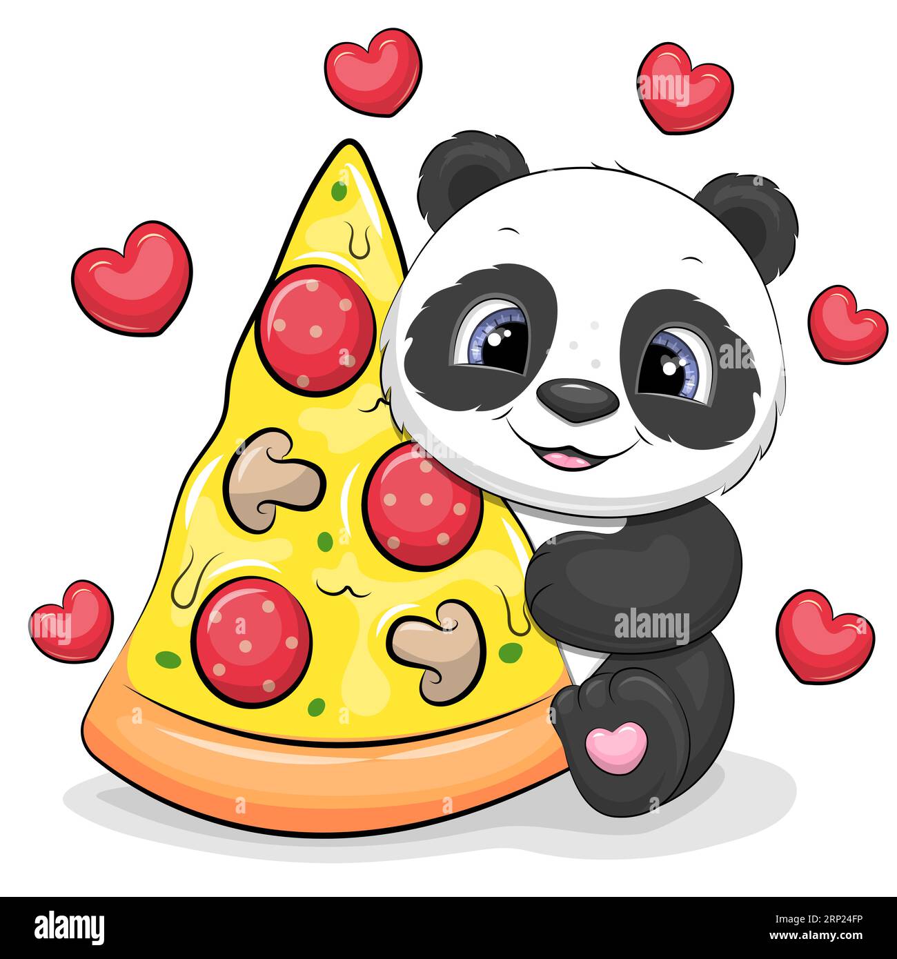 Cute cartoon panda with a big piece of pizza. Vector illustration of ...
