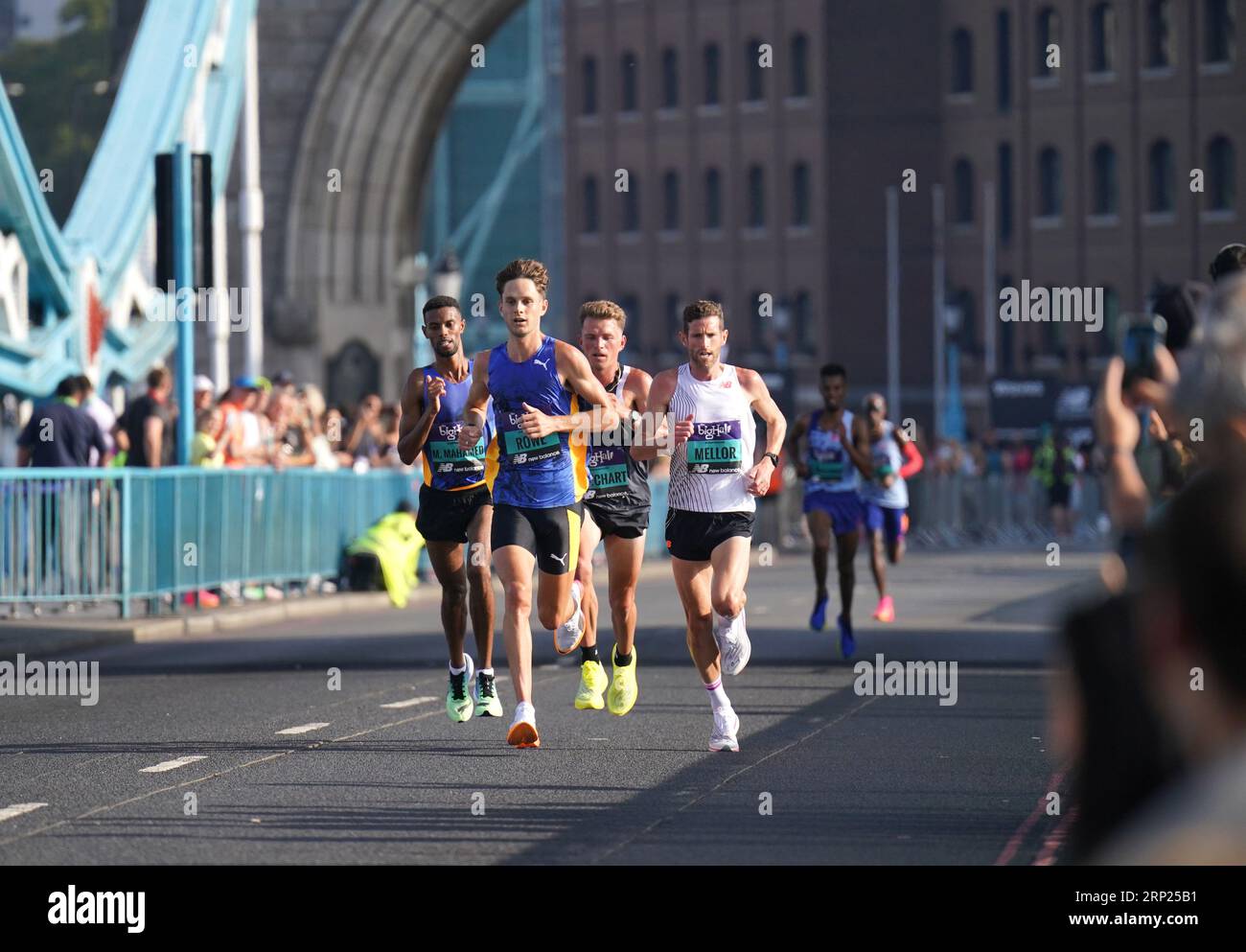 The leading group of runners in the Men's Elite race crosses Tower ...