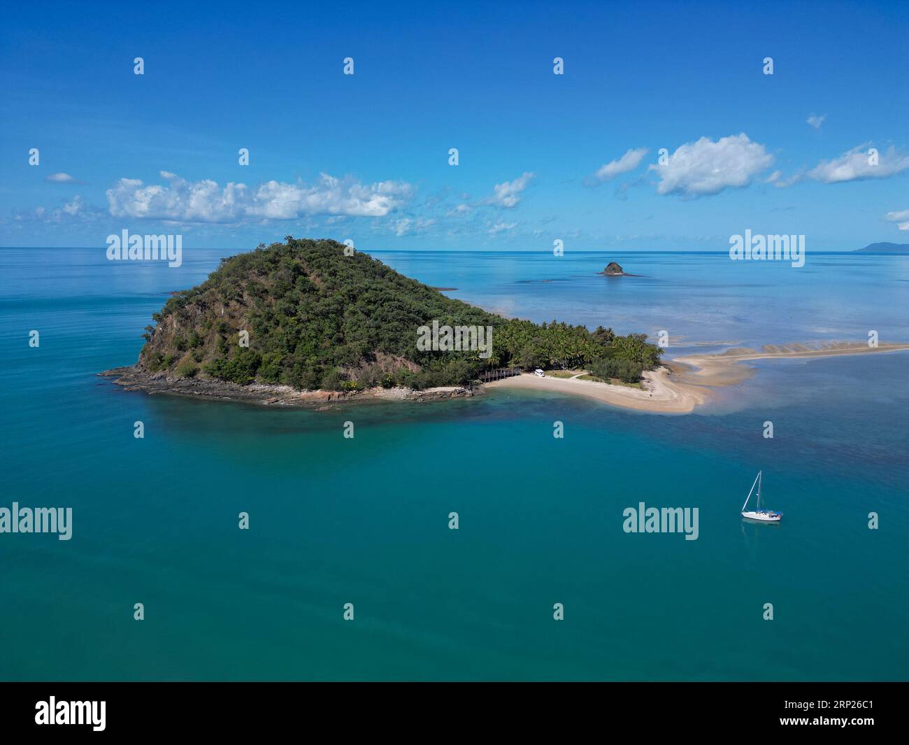 Aerial view of Double Island, palm Cove with crystal clear water and ...