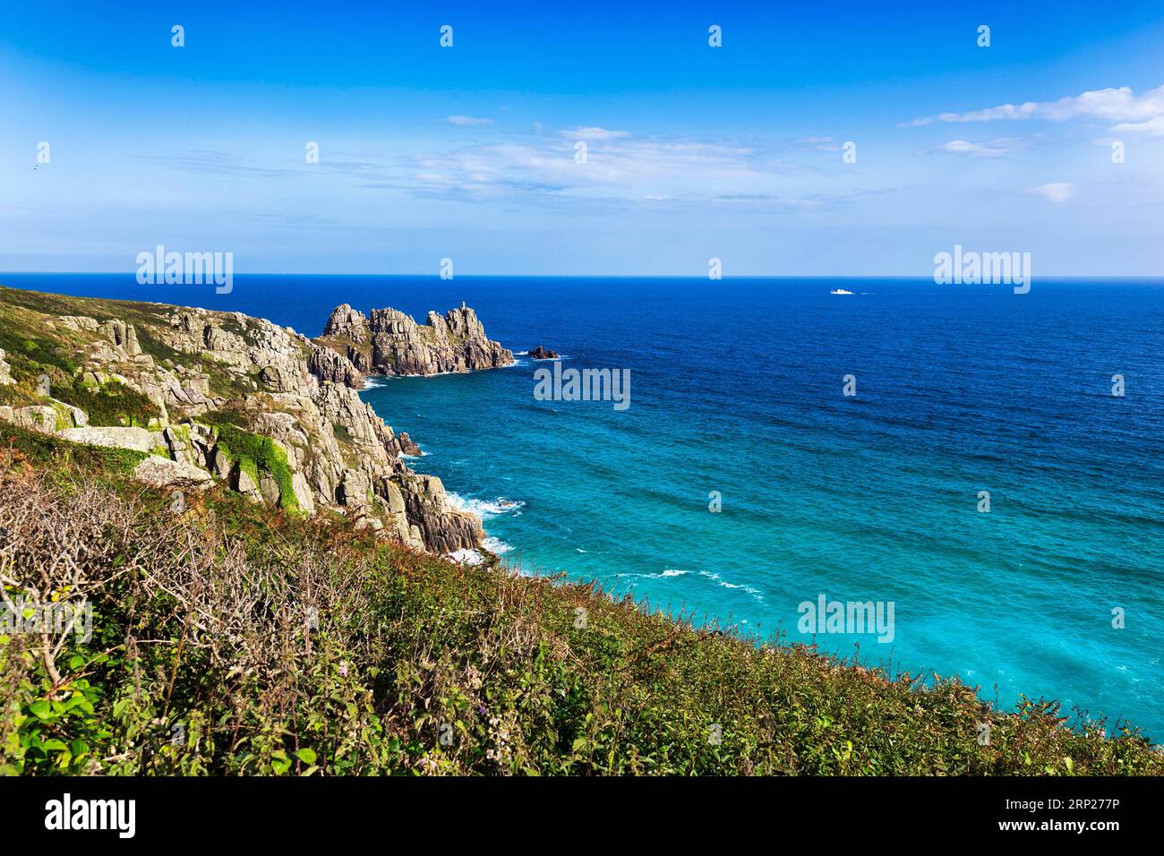 Treen cliffs, South West Coast Path, coastline at Treen, Scilly ferry ...