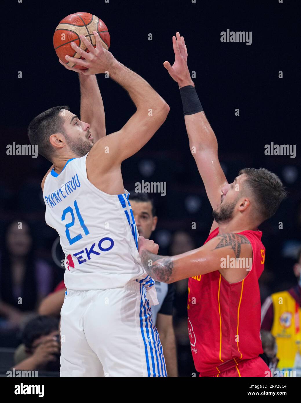 Greece forward Ioannis Papapetrou (21) shoots over Montenegro guard ...