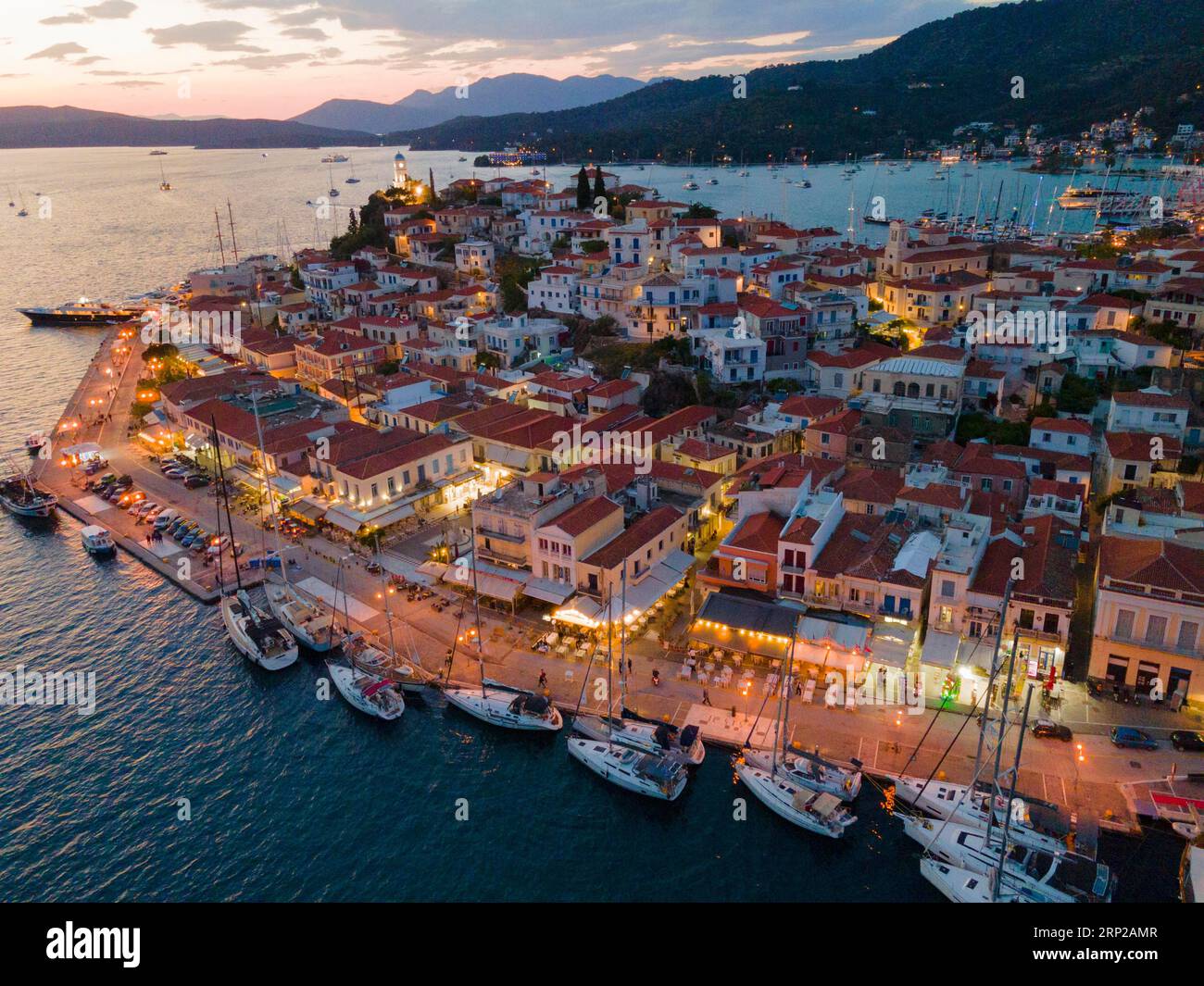 Aerial view, blue hour, Poros, Poros Island, Saronic Islands ...