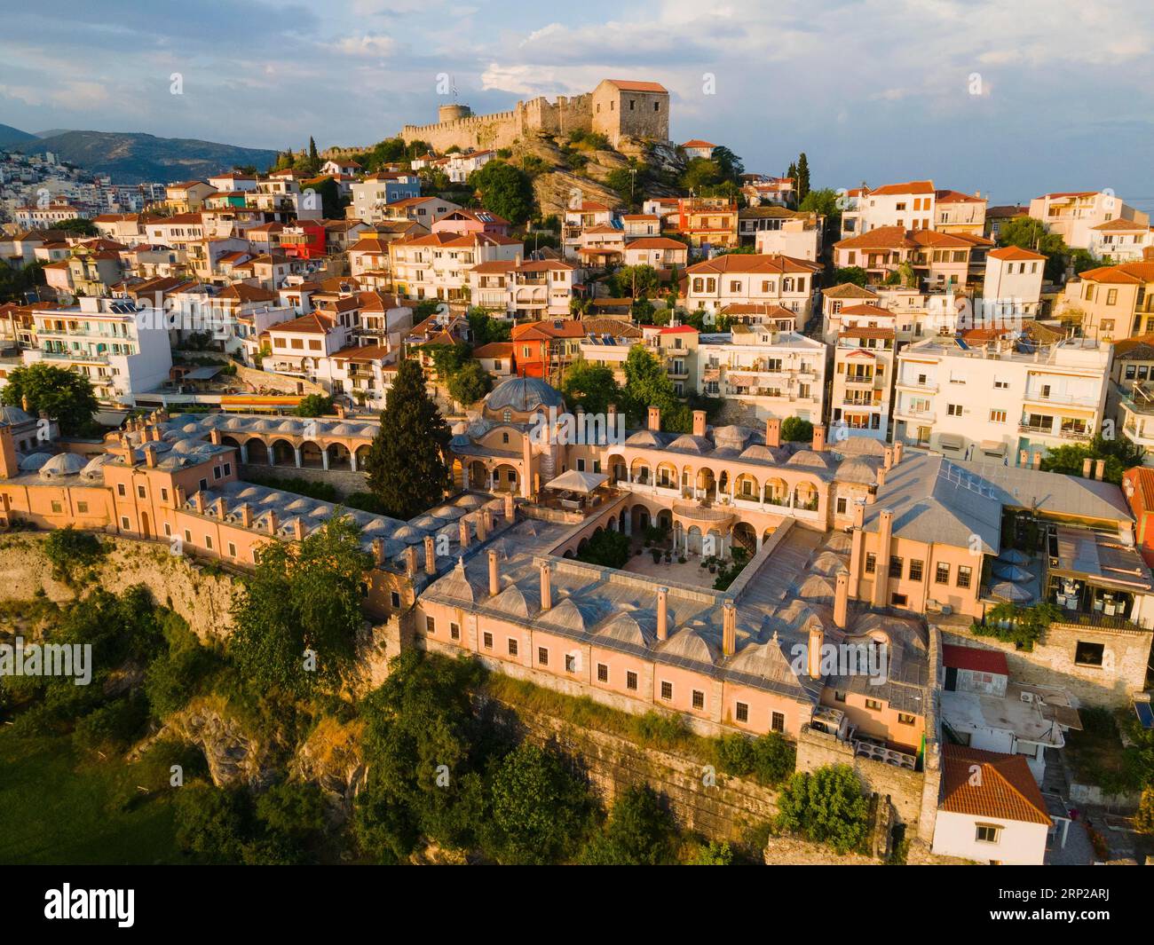 Aerial view, evening light, Old Town, Kavala, Dimos Kavalas, Eastern ...
