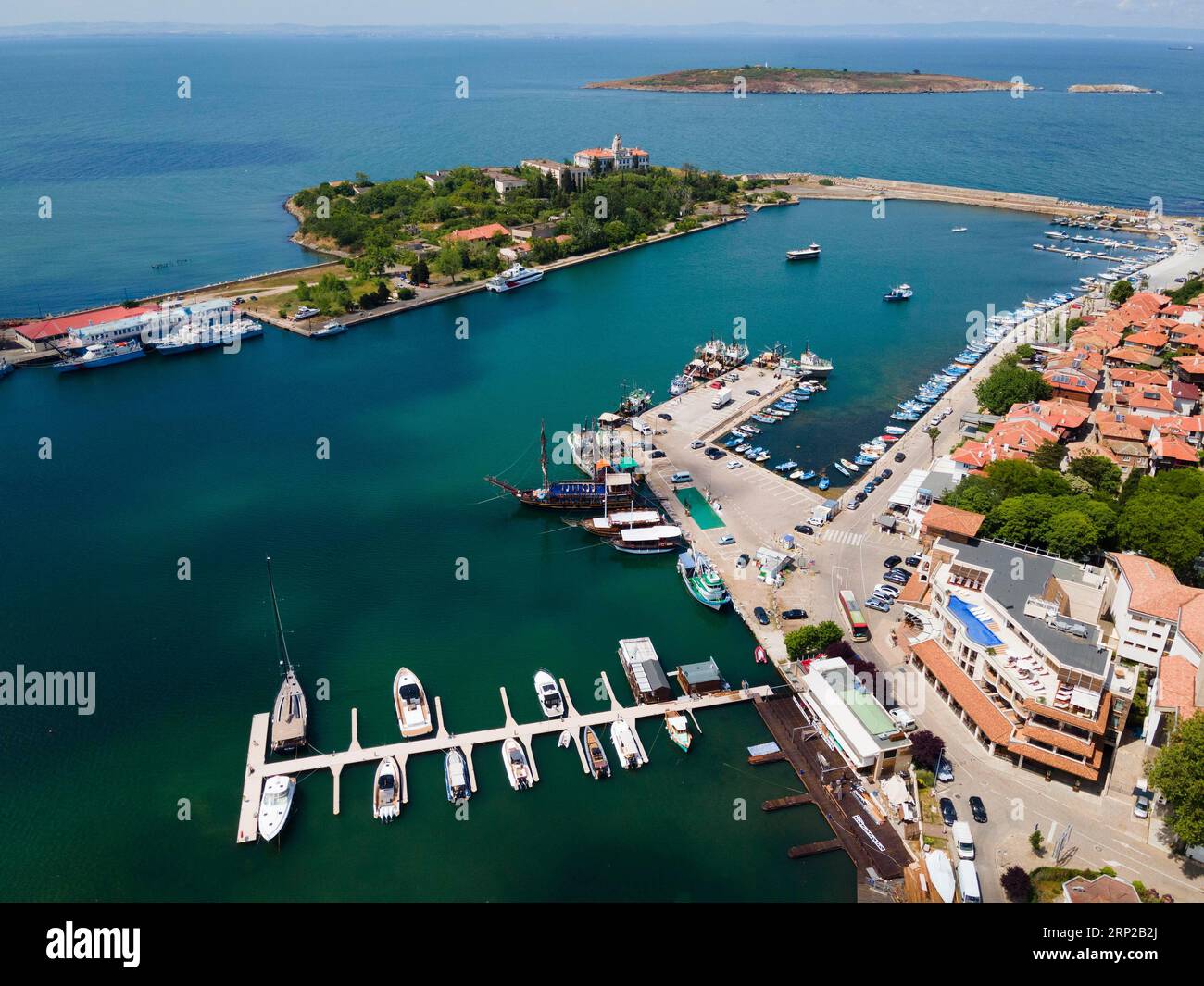Aerial view, left Sveti Kirik Island, harbour and old town, Skamnij ...