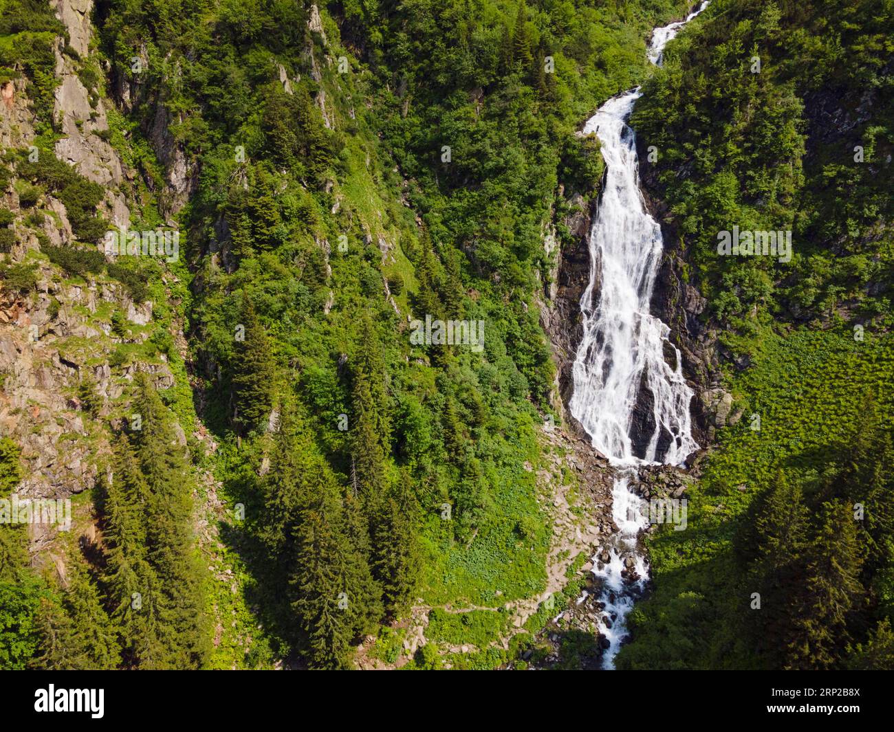 Aerial view, waterfall, Baleal, Balea, mountain road, Transfogarasche ...