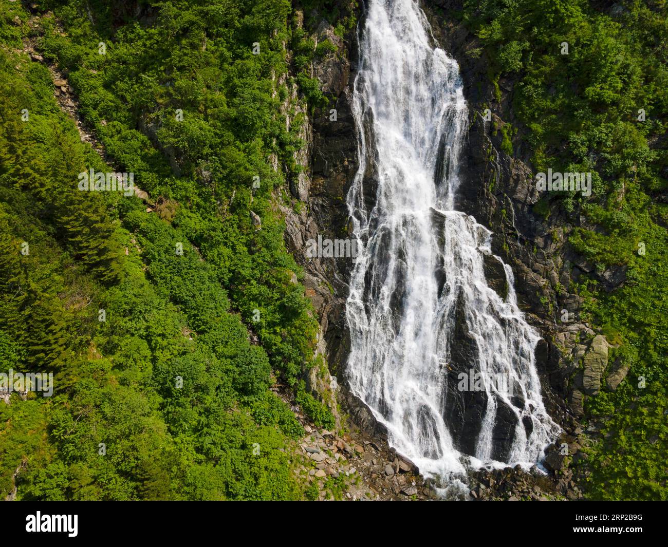 Aerial view, waterfall, Baleal, Balea, mountain road, Transfogarasche ...