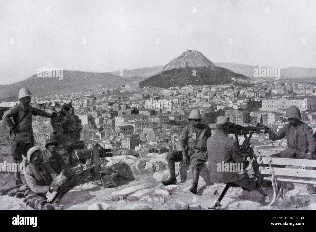 Greek soldiers stationed on the Acropolis with a canon and a machine ...
