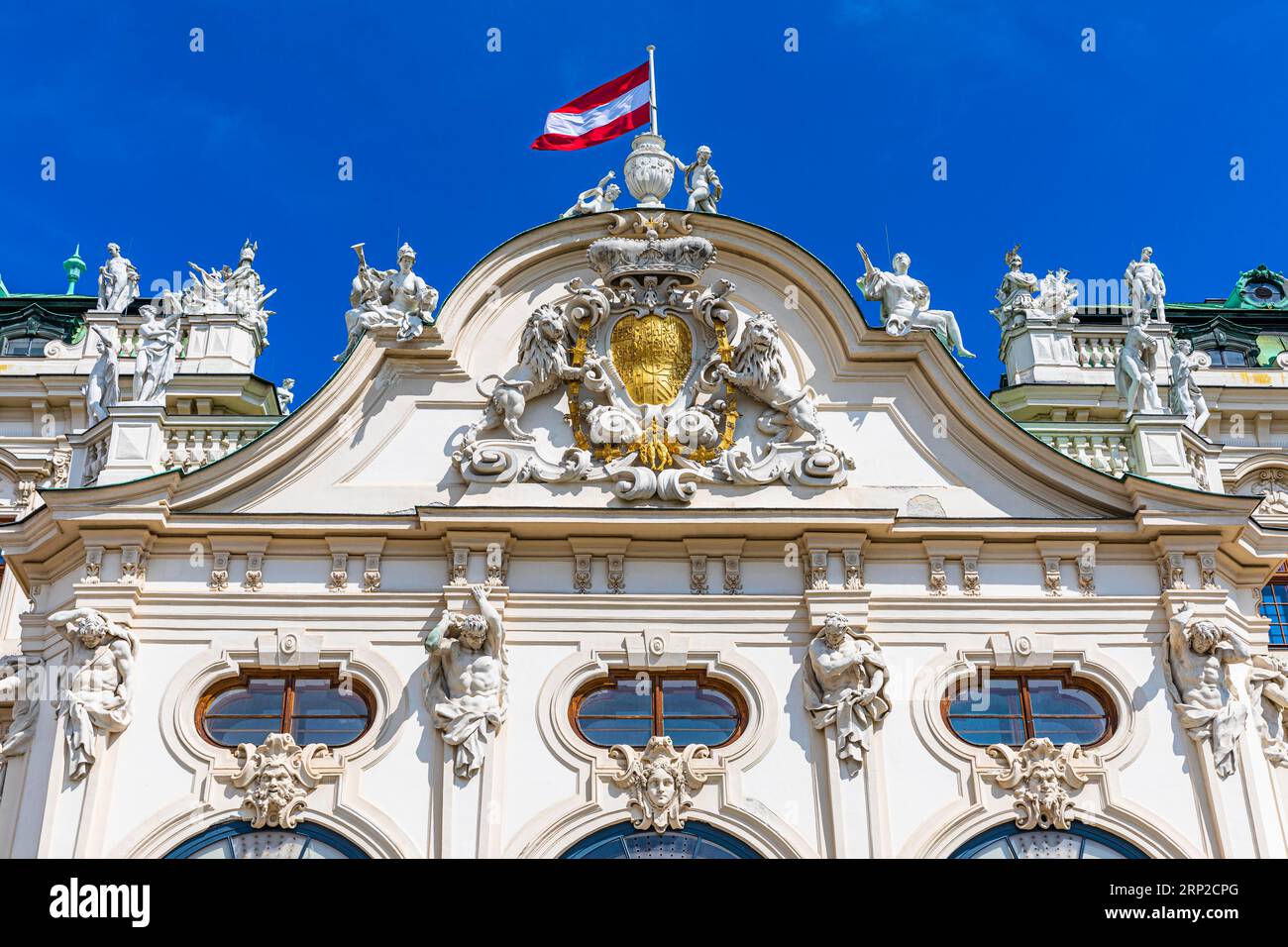 The Austrian flag flies over the upper baroque palace Belvedere, Vienna ...