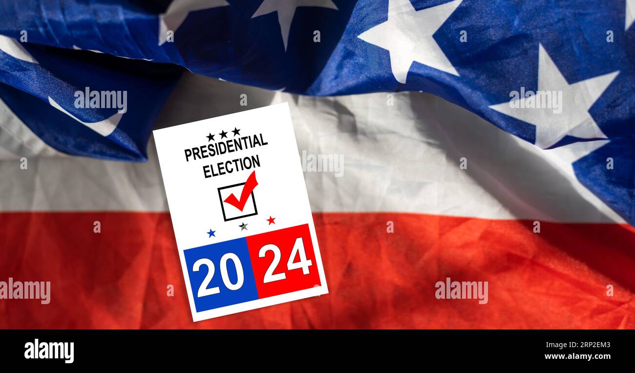 Presidential Election 2024 text on white paper over waving American ...