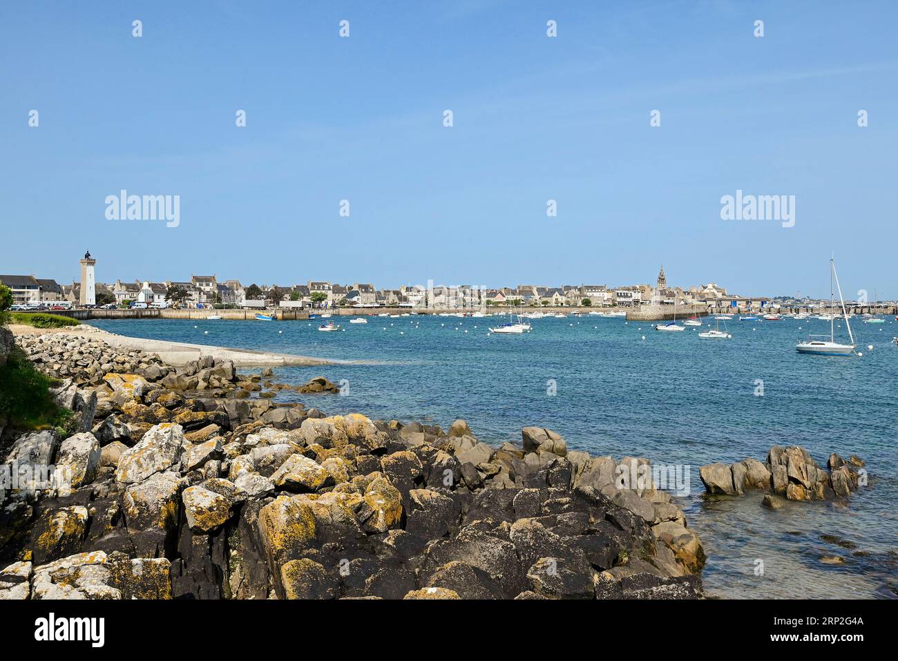 Rocky coast at the old port of Roscoff, Finistere, Brittany, France ...
