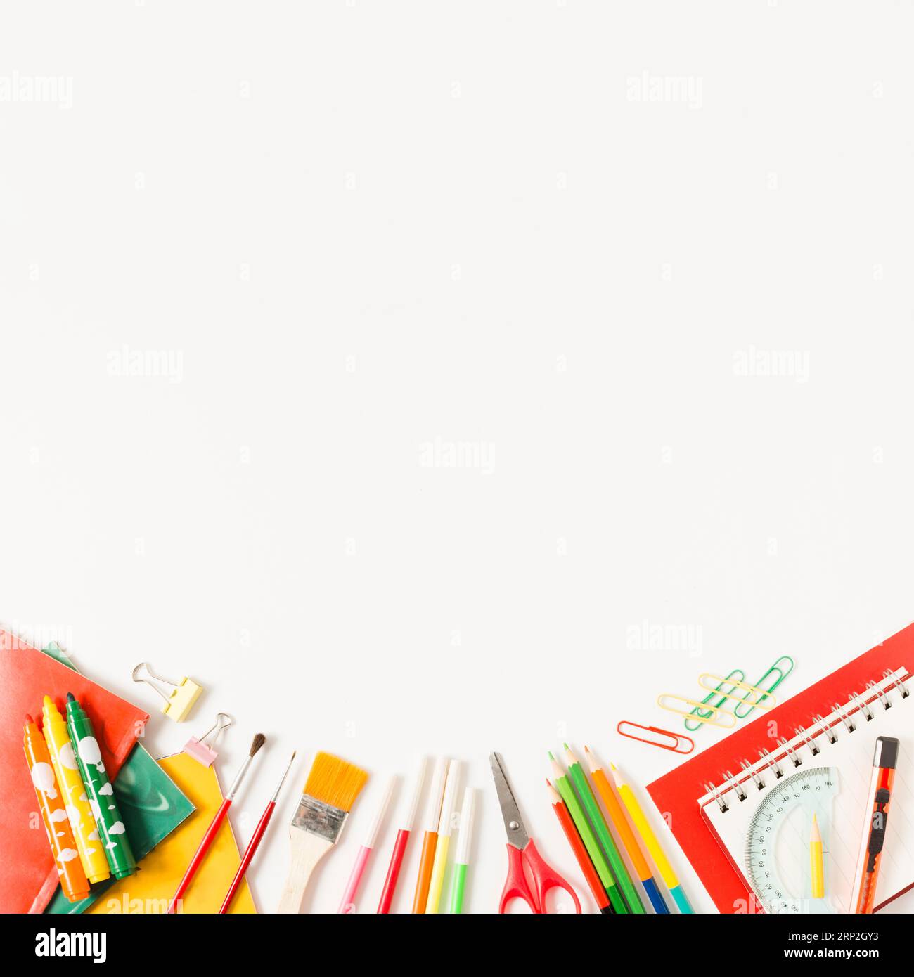 School items white background flat lay Stock Photo - Alamy