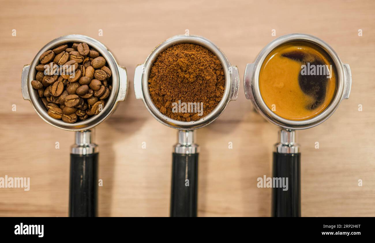 Top view coffee machine cups with different stages coffee Stock Photo ...