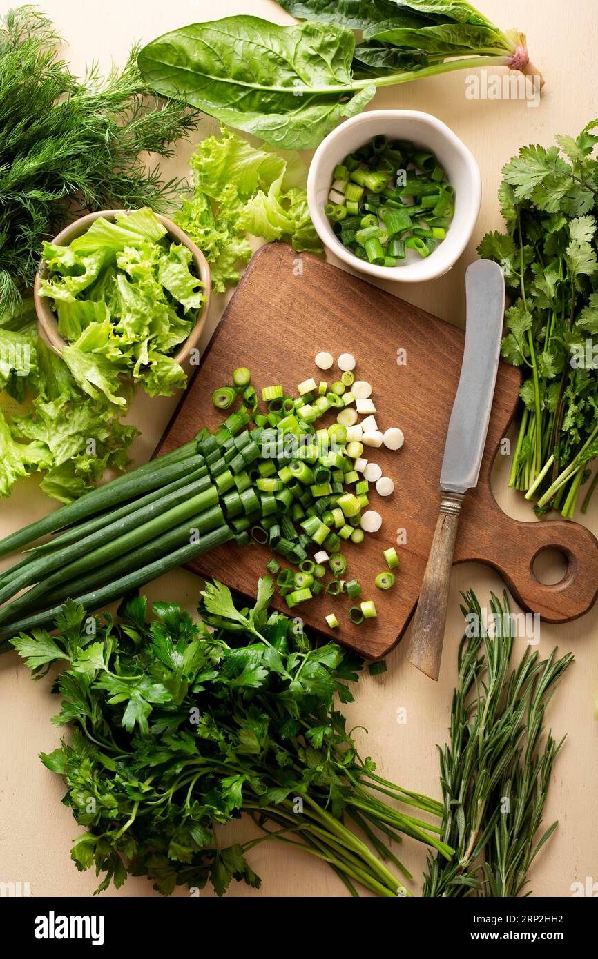 Top view green vegetables assortment Stock Photo - Alamy