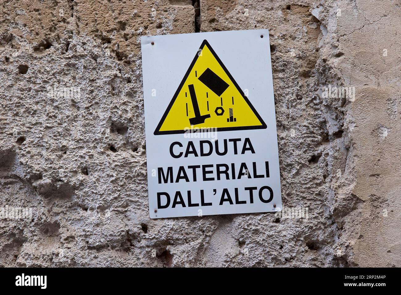 Warning sign, close, house wall, falling object warning, old town ...