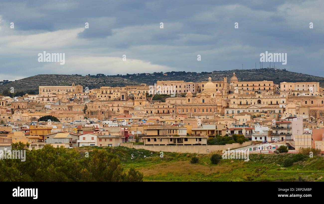 Noto skyline, hills, grey sky, Noto, baroque city, baroque angle ...