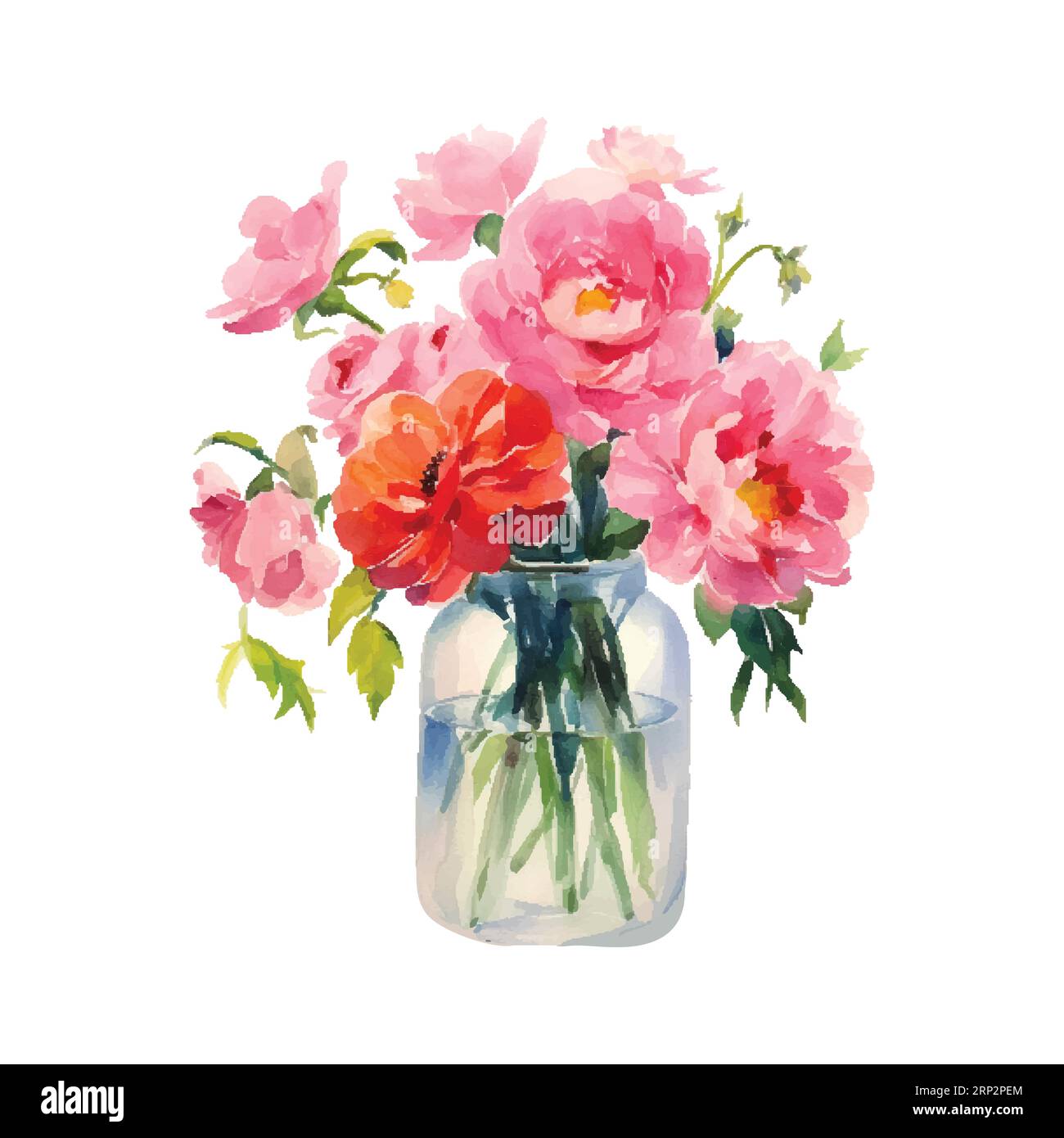 Watercolor flowers bouqet in vase. Design for greetings, card ...
