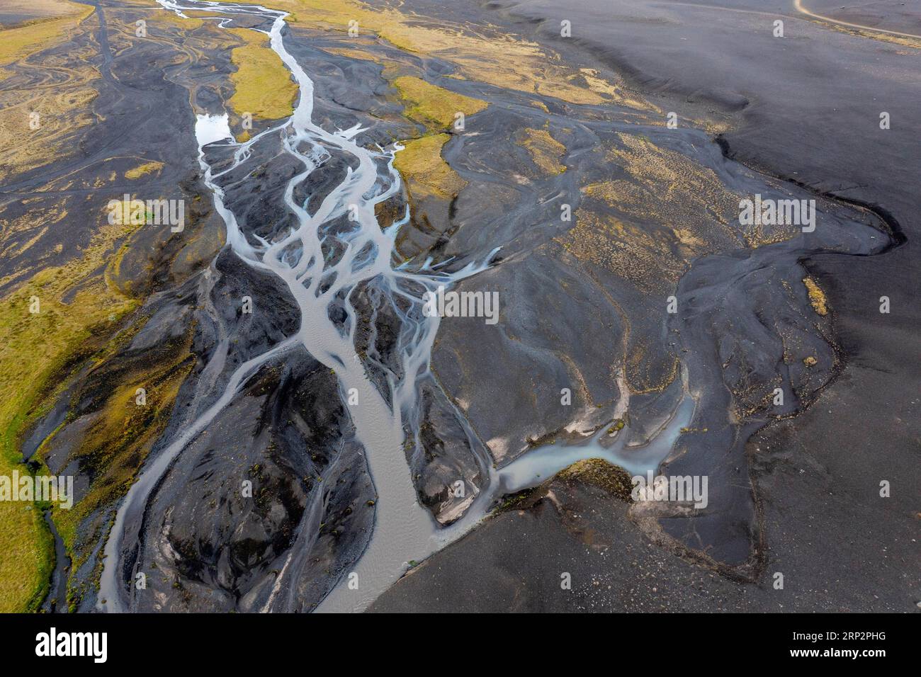 Glacial river from above, aerial view, river arms meander, South ...