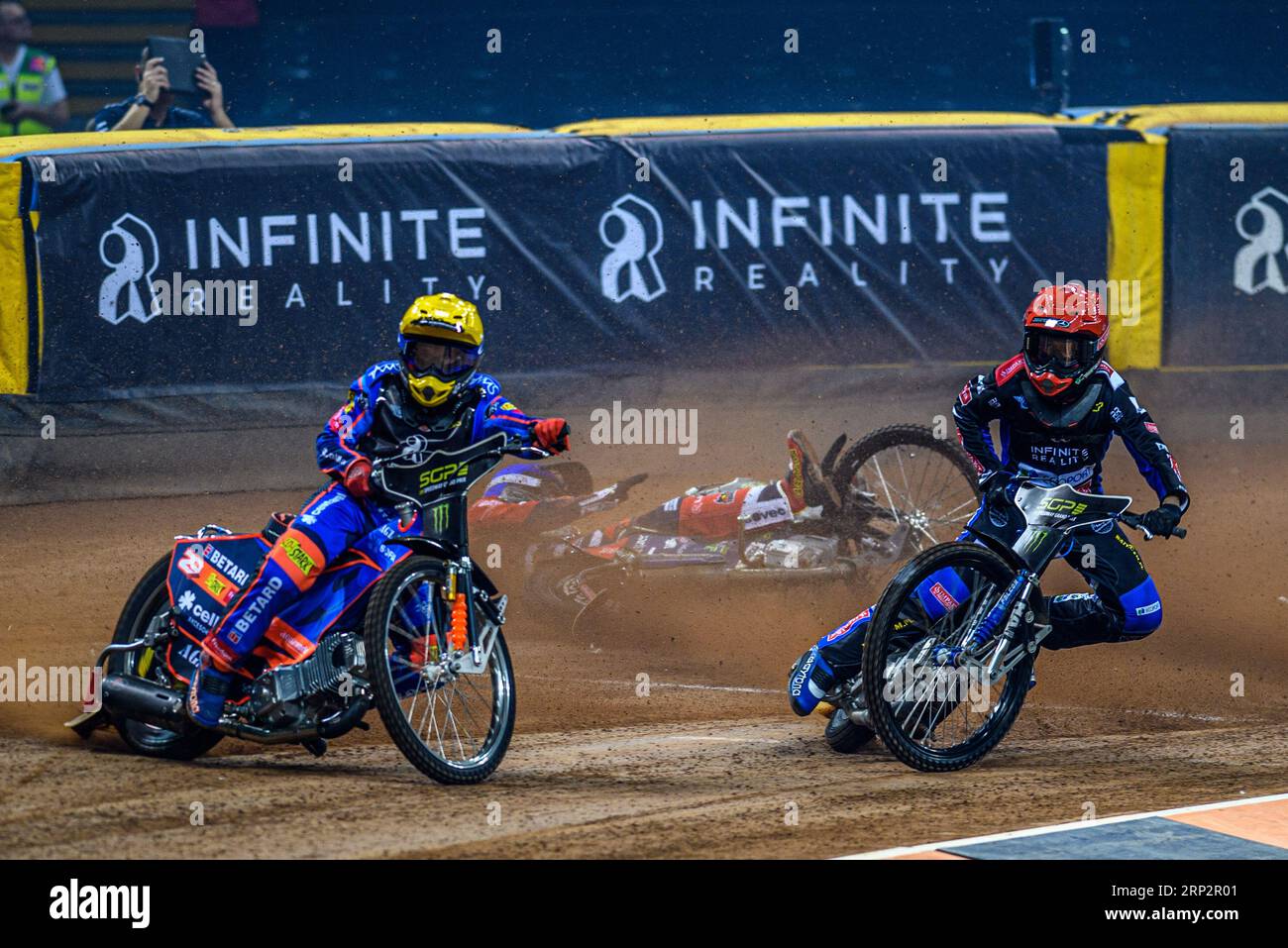Steve Worrall (16) is a faller behind Leon Madsen (30) (Red)and Andzejs ...