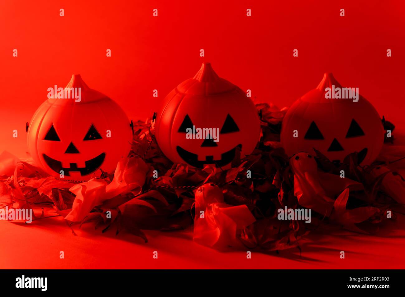 Halloween pumpkins on a red background, decorated with red autumn ...