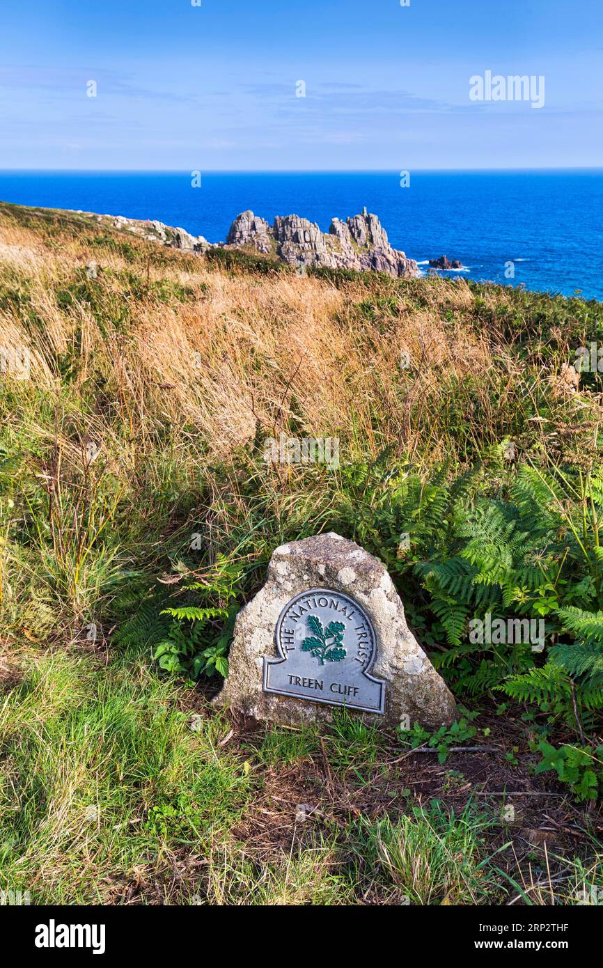 Waymarker with logo, National Trust, Treen cliffs, South West Coast ...