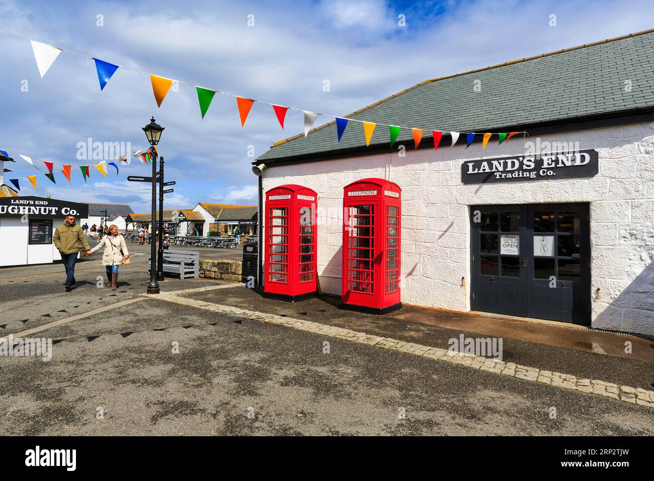 Two red telephone boxes, Land's End lettering on facade, Lands End ...