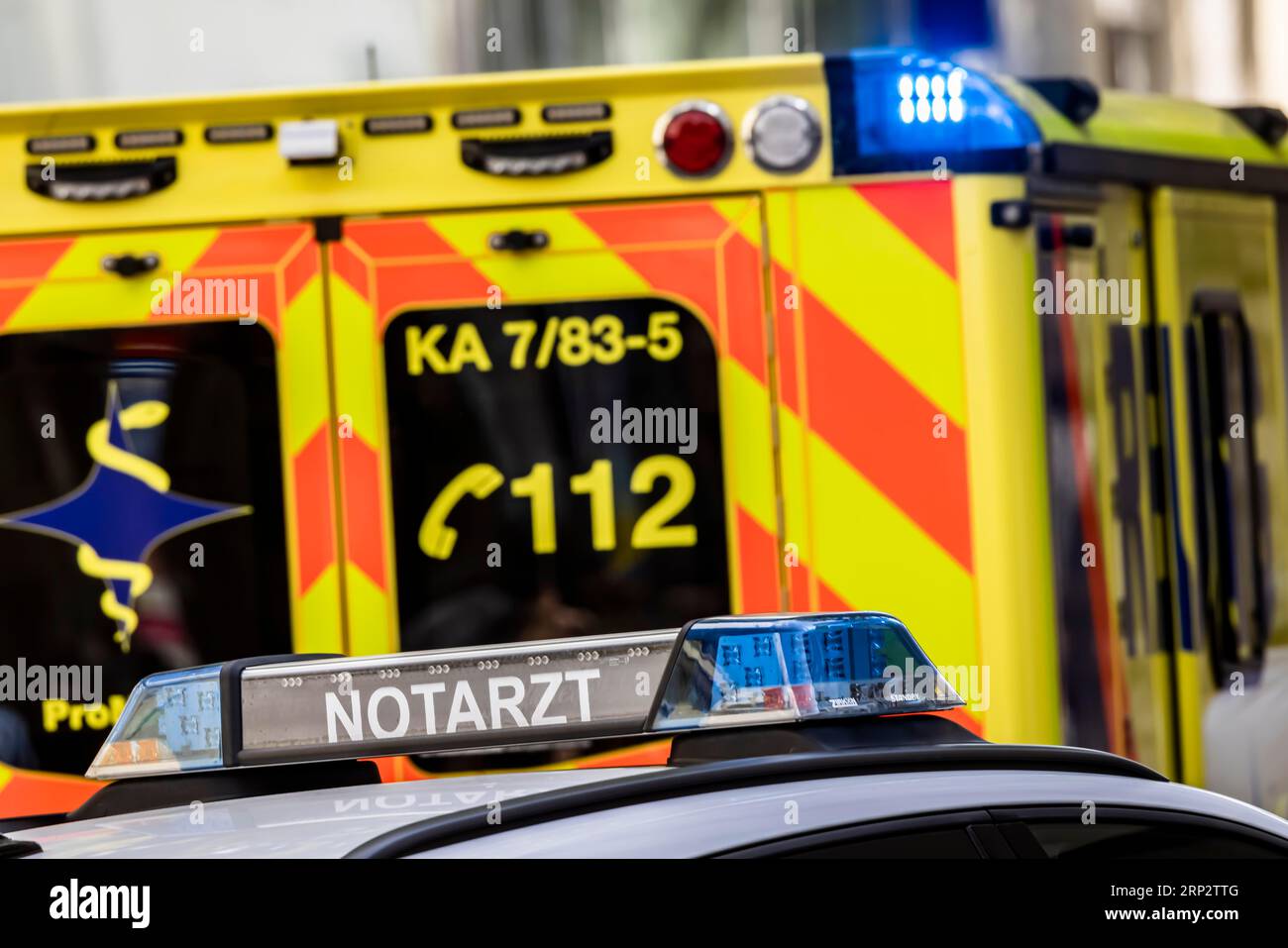 Ambulance, emergency doctor vehicle with blue light, symbol photo ...