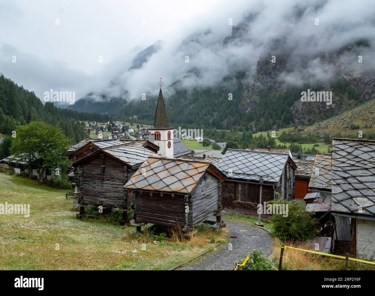 The village of Randa after a snow shower in August, Canton of Valais ...