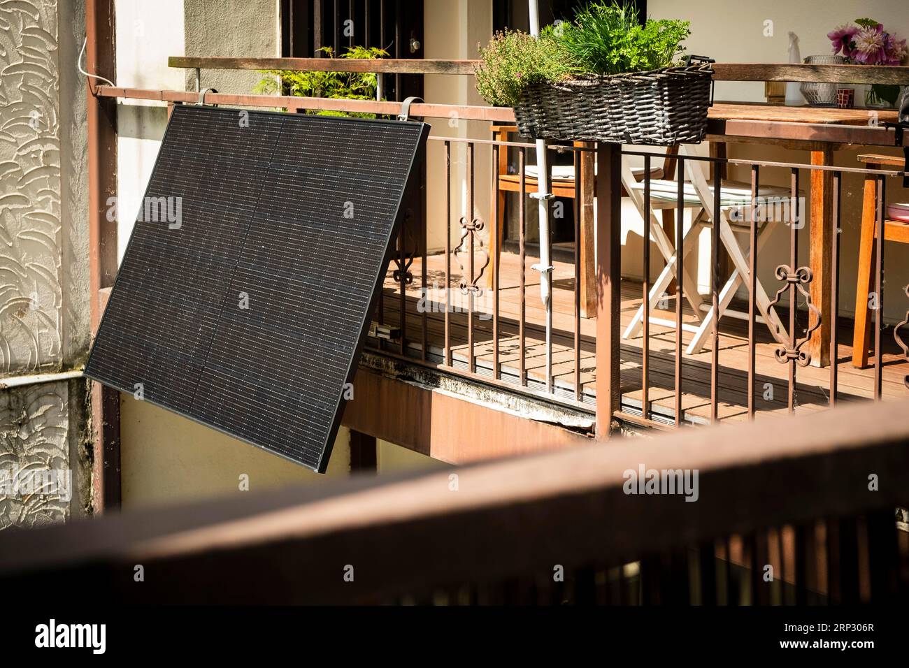 Solar panel in a backyard, mounted balcony power plant, Duesseldorf ...