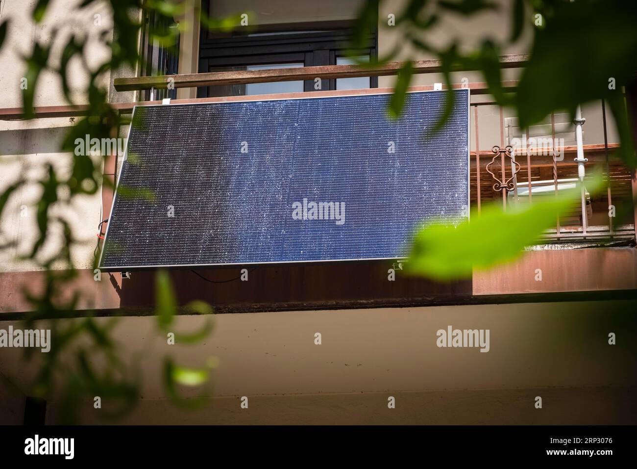Solar panel in a backyard, mounted balcony power plant, Duesseldorf ...