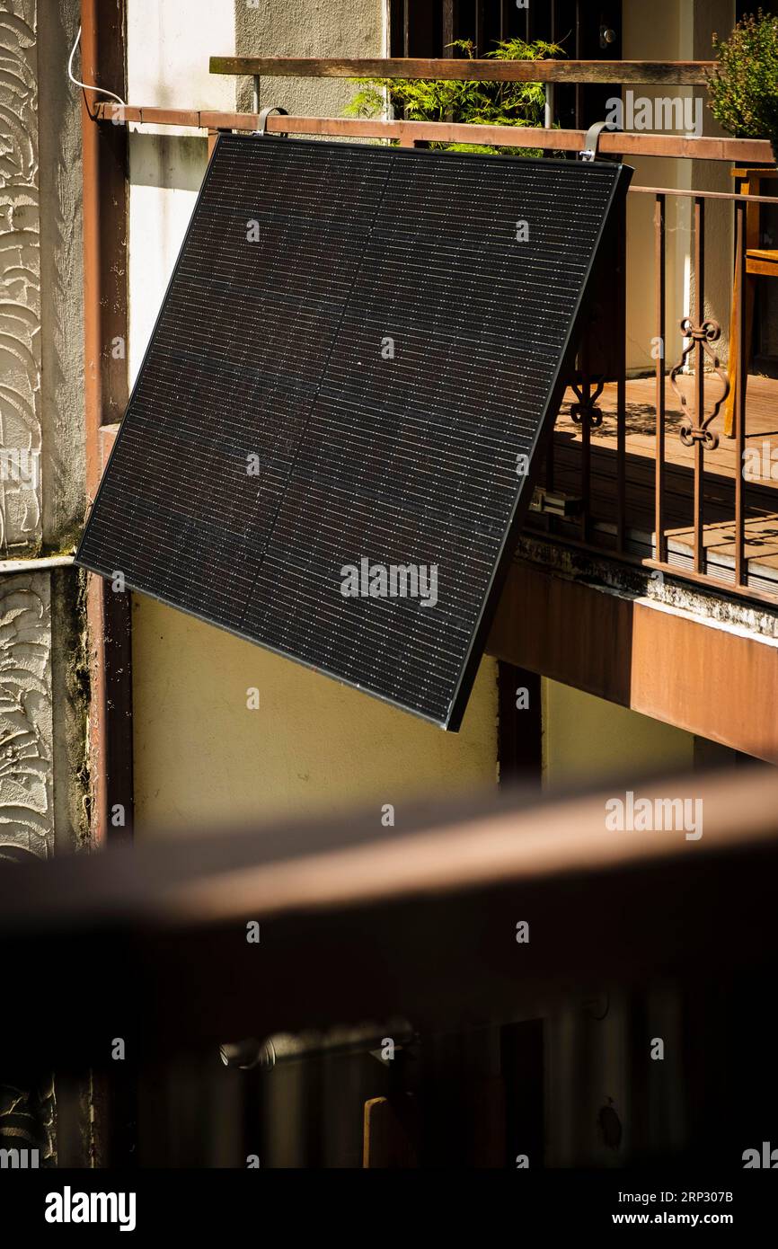 Solar panel in a backyard, mounted balcony power plant, Duesseldorf ...