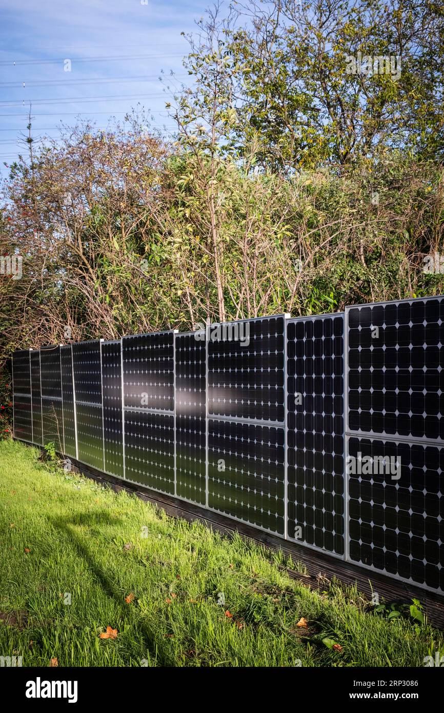 Solar panels as a garden fence and privacy screen of a house on a ...