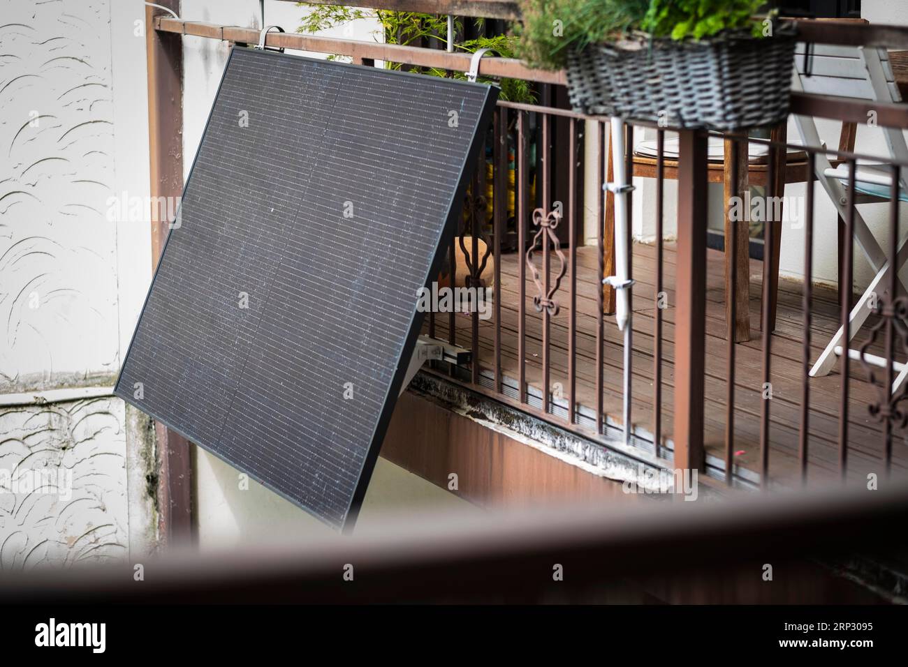 Solar panel in a backyard, mounted balcony power plant, Duesseldorf ...