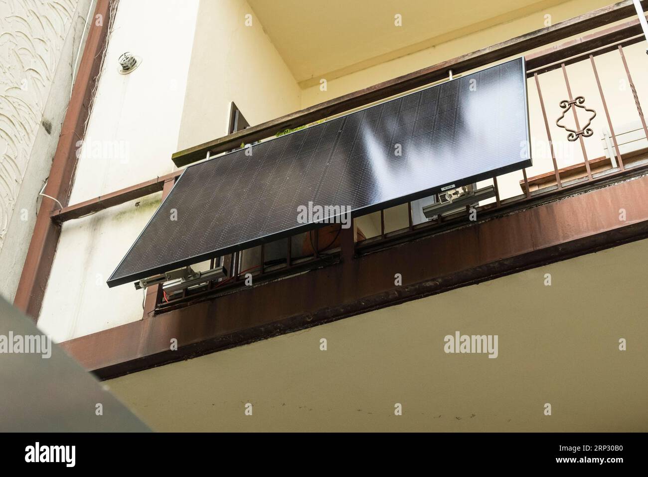 Solar panel in a backyard, mounted balcony power plant, Duesseldorf ...
