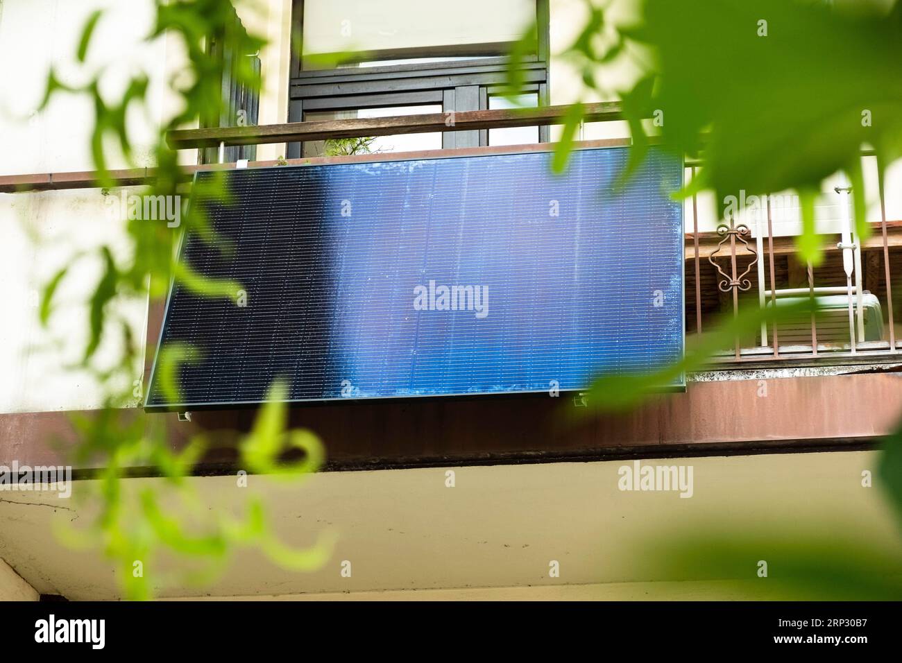 Solar panel in a backyard, mounted balcony power plant, Duesseldorf ...