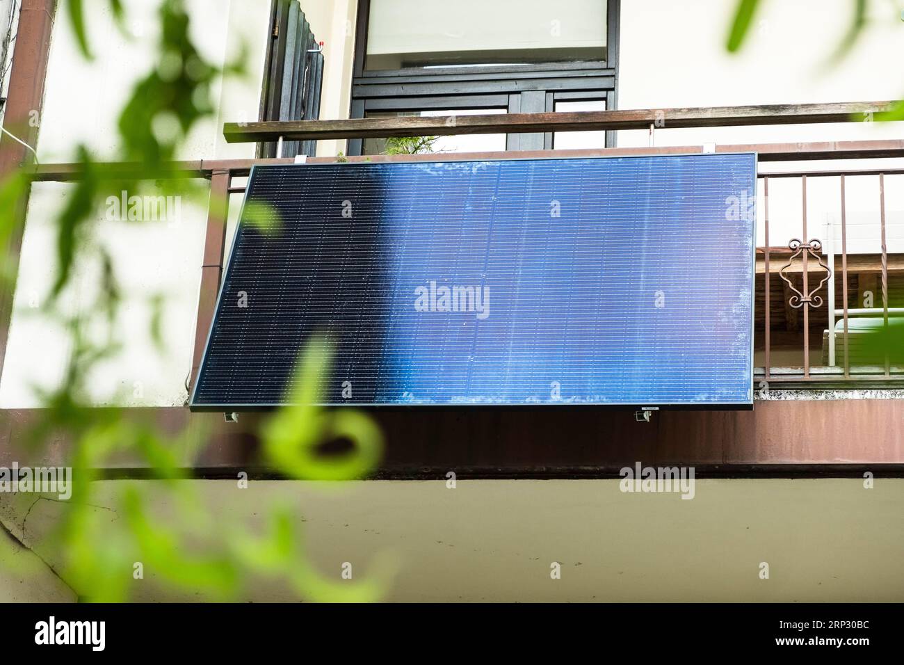 Solar panel in a backyard, mounted balcony power plant, Duesseldorf ...