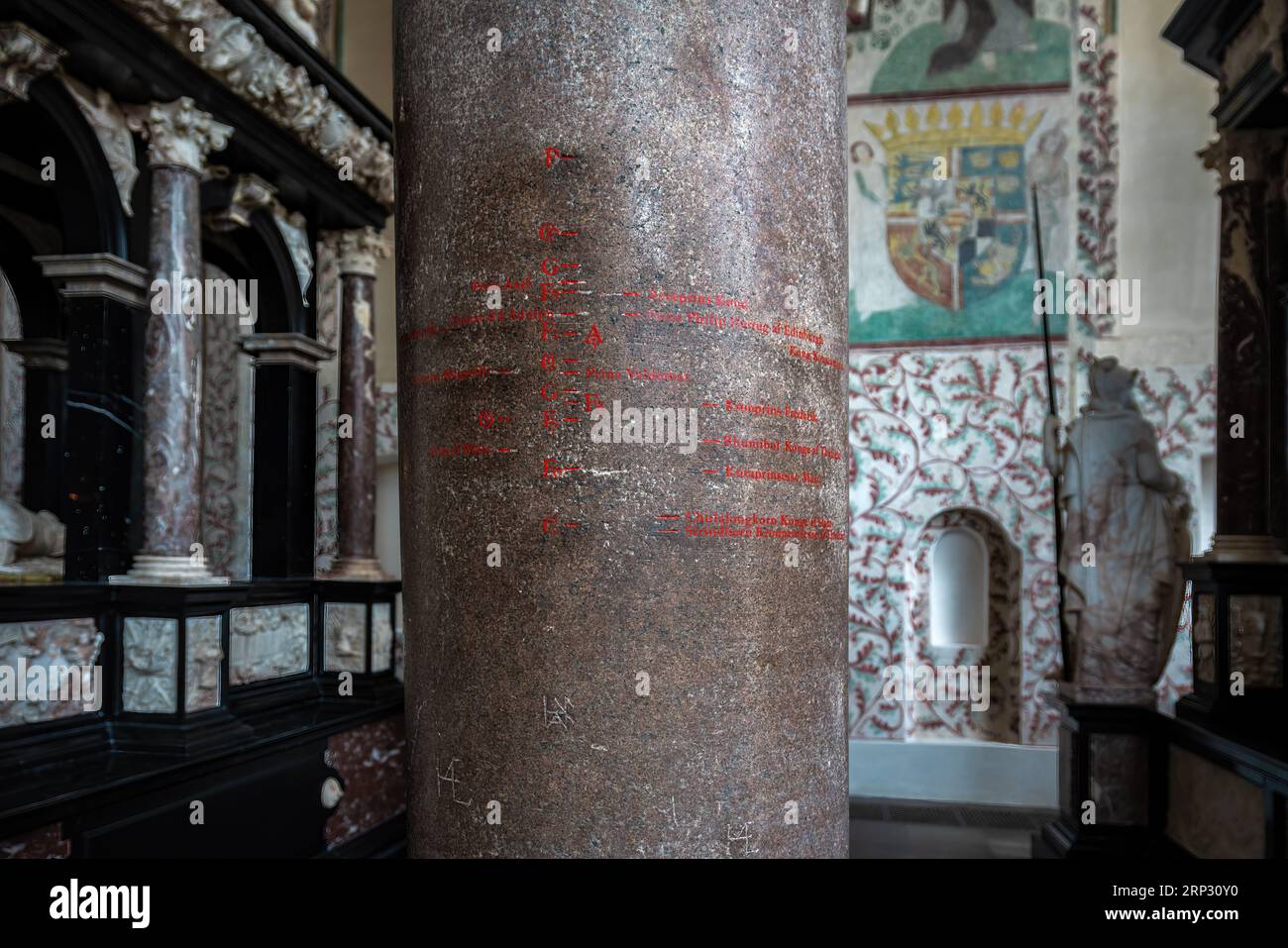 Central pillar marking the heights of Royal visitors over the years ...