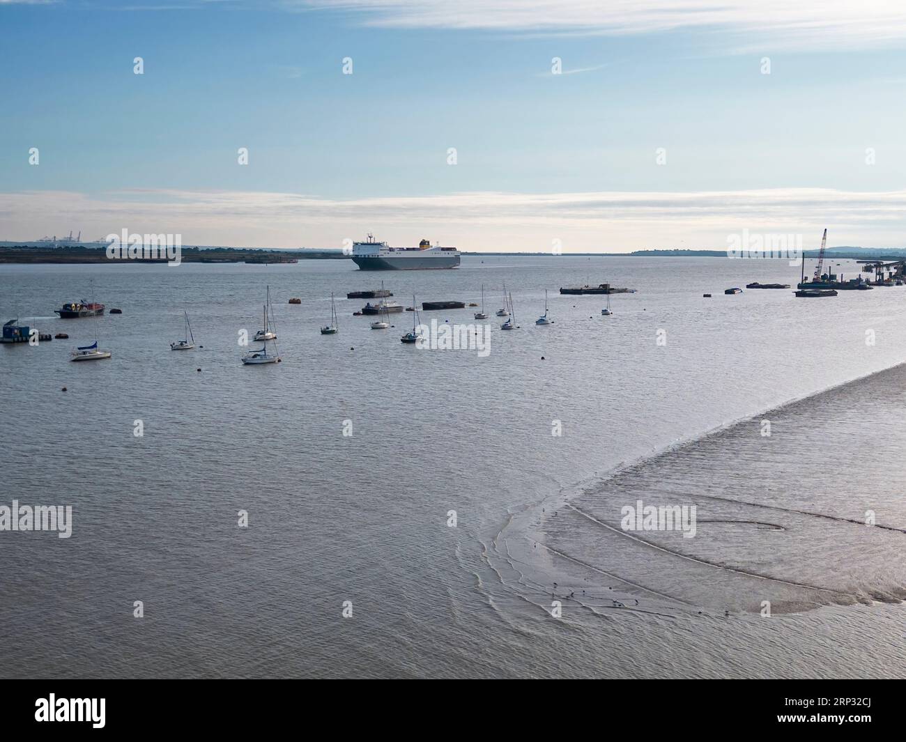 aerial view of a cargo ship on the river thames from gravesend in kent ...