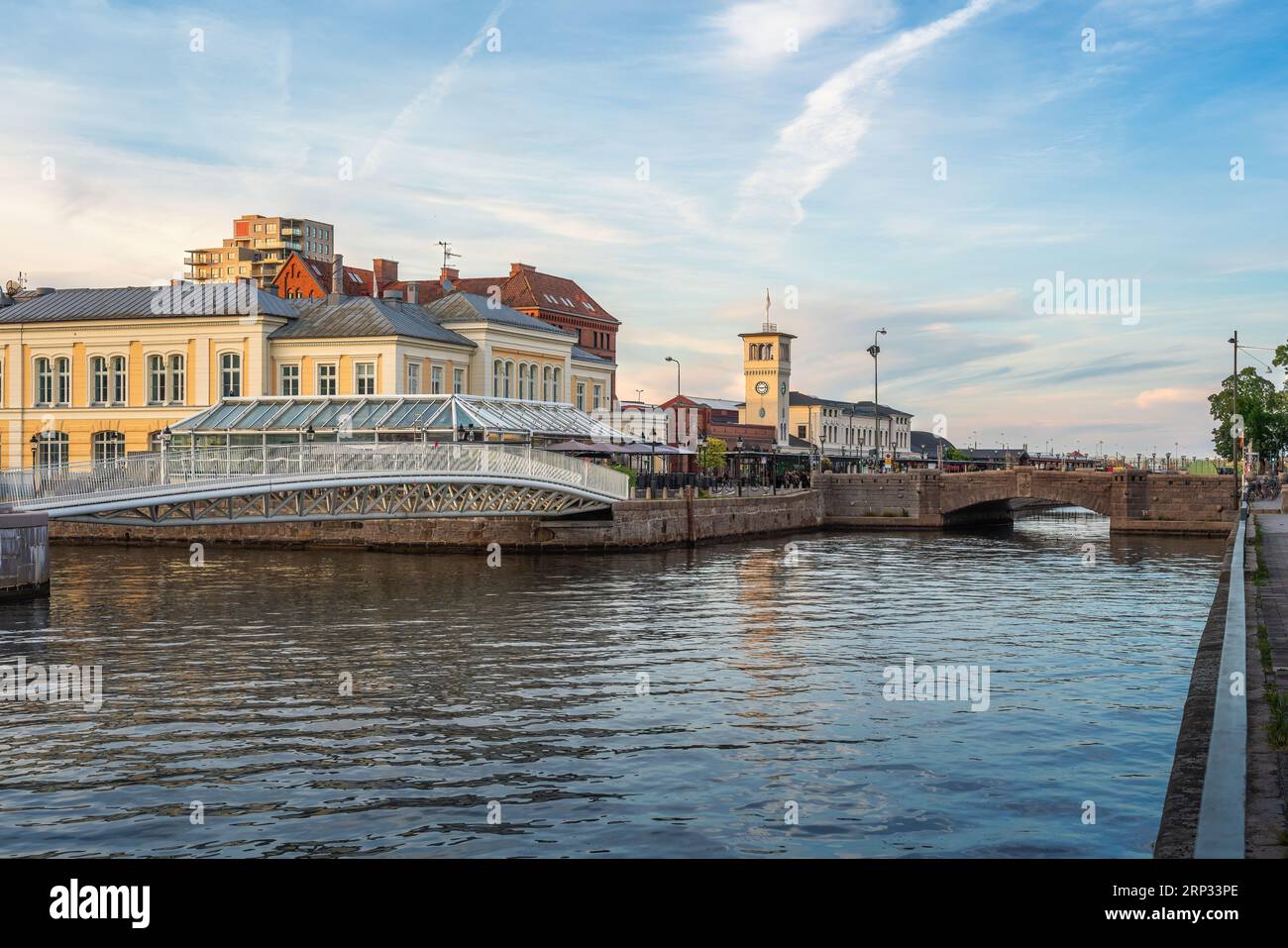 Malmo Canal Skyline at sunset with Malmo Central Station - Malmo ...
