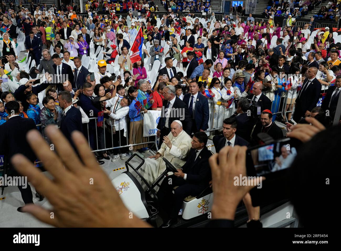 Pope Francis arrives to preside over a mass at the Steppe Arena in the ...